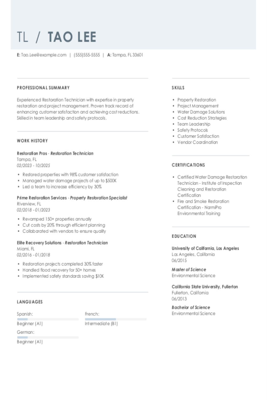 4 Restoration Technician Resume Examples, Templates, & Tips for 2026