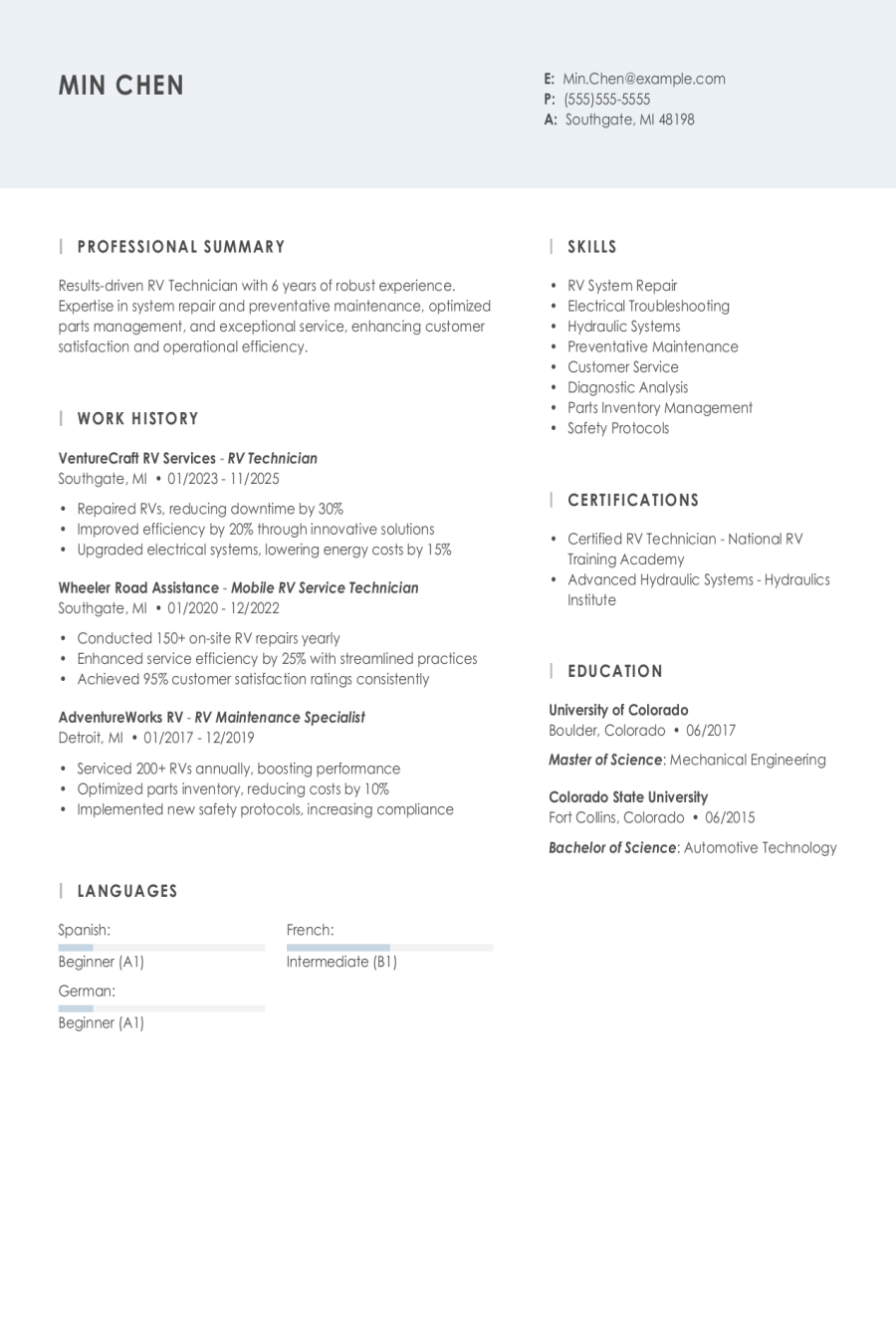 4 RV Technician Resume Examples, Templates, & Tips for 2026