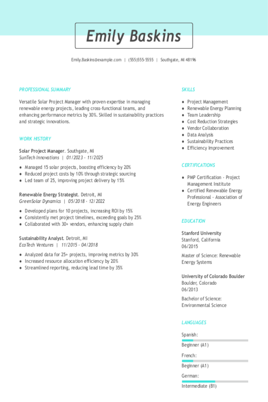 4 Solar Project Manager Resume Examples, Templates, & Tips for 2026