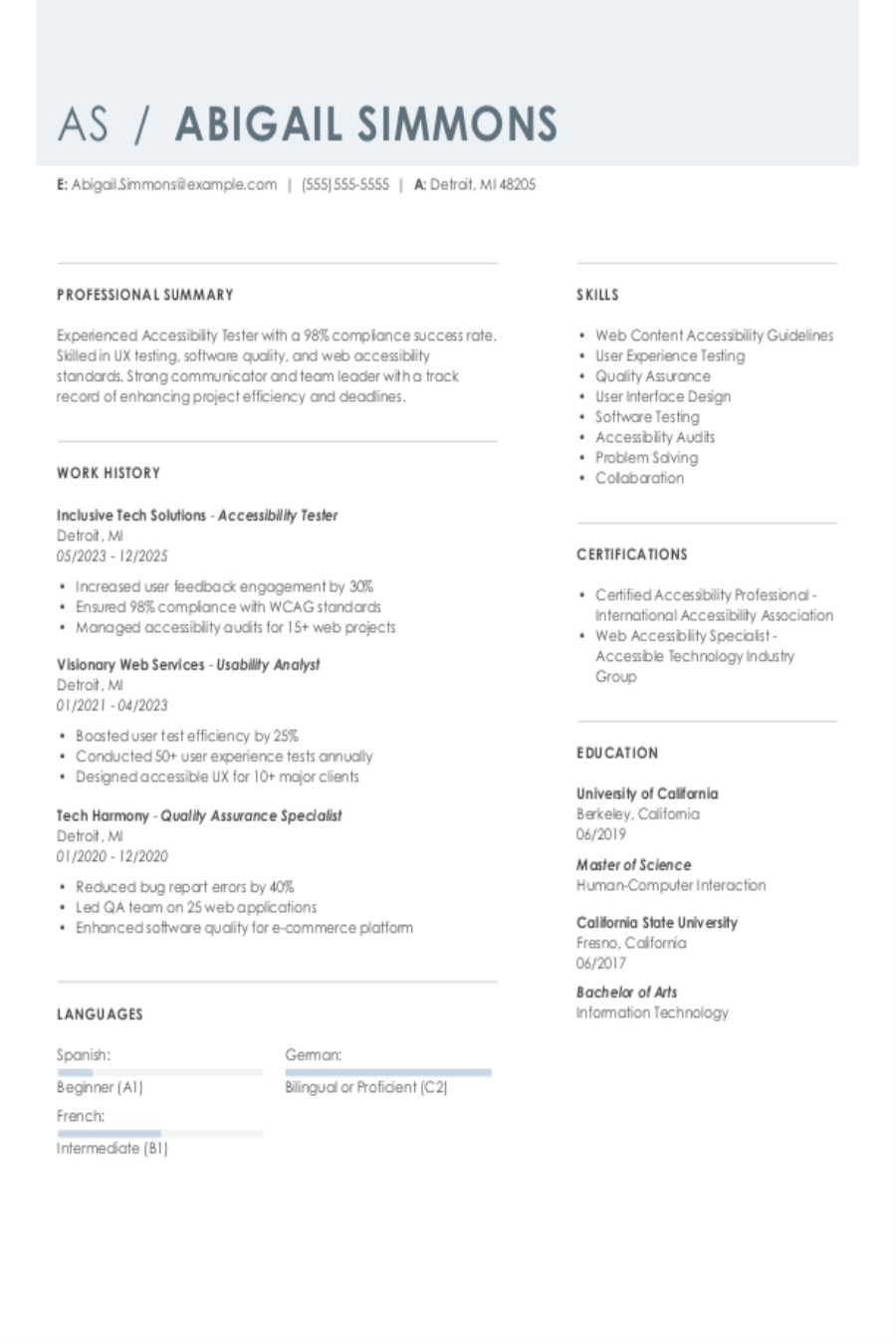 4 Accessibility Tester Resume Examples, Templates, & Tips for 2026