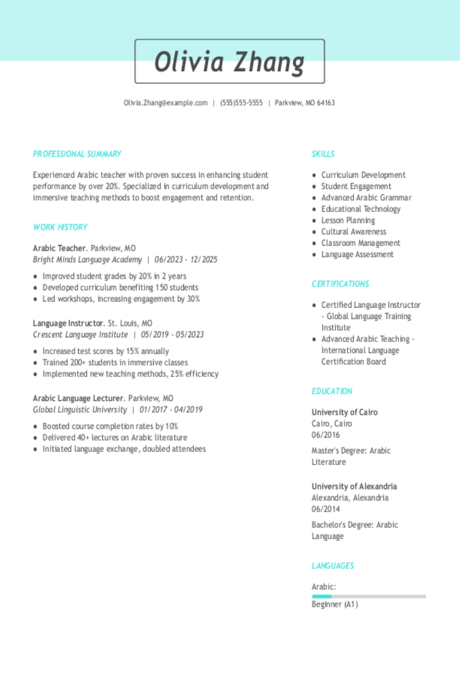 4 Arabic Teacher Resume Examples, Templates, & Tips for 2026