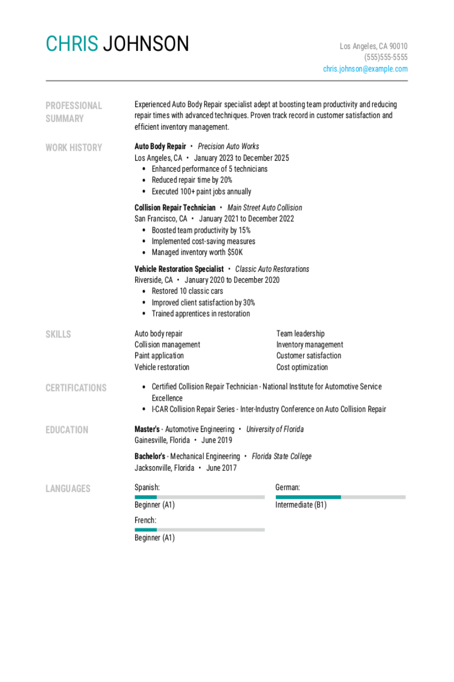 4 Auto Body Repair Resume Examples, Templates, & Tips for 2025
