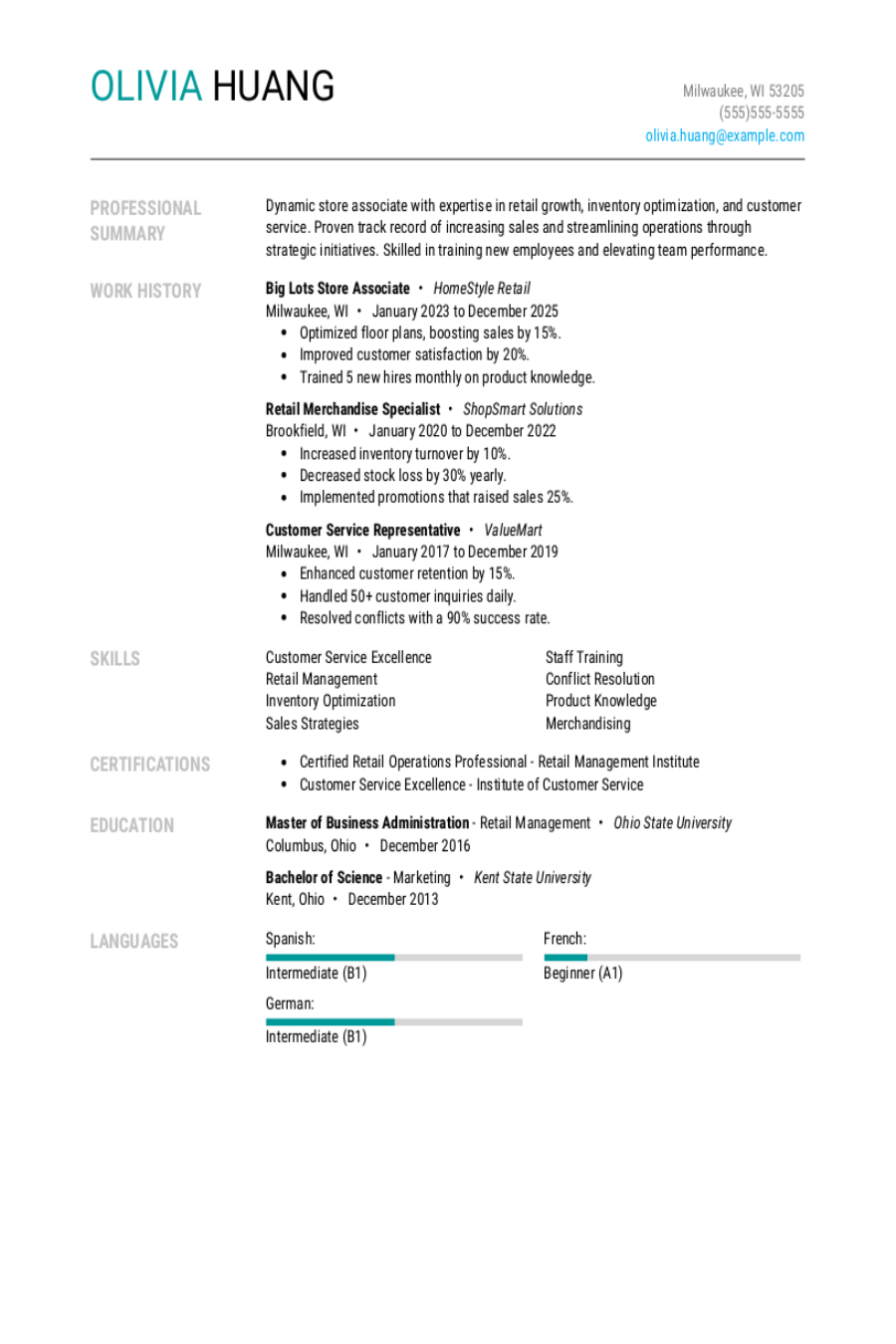 4 Big Lots Store Associate Resume Examples, Templates, & Tips for 2025