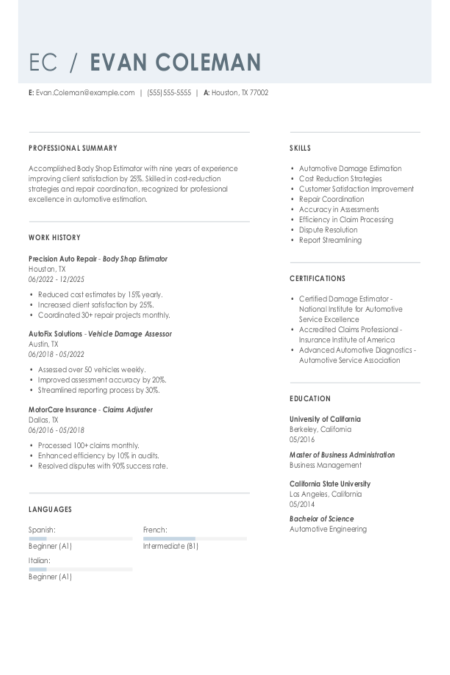 4 Body Shop Estimator Resume Examples, Templates, & Tips for 2025