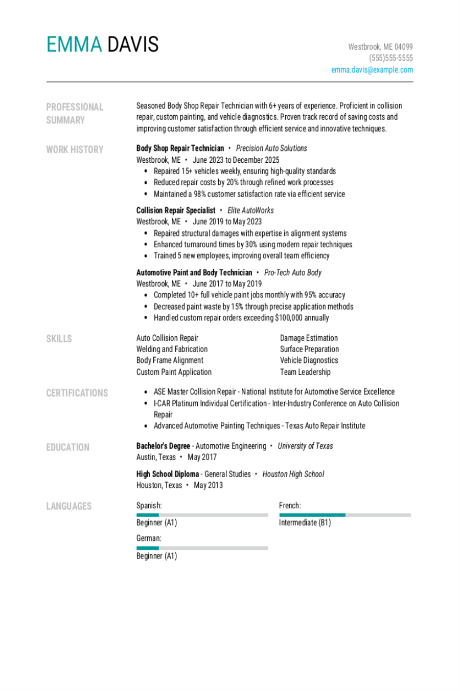 4 Body Shop Repair Resume Examples, Templates, & Tips for 2025