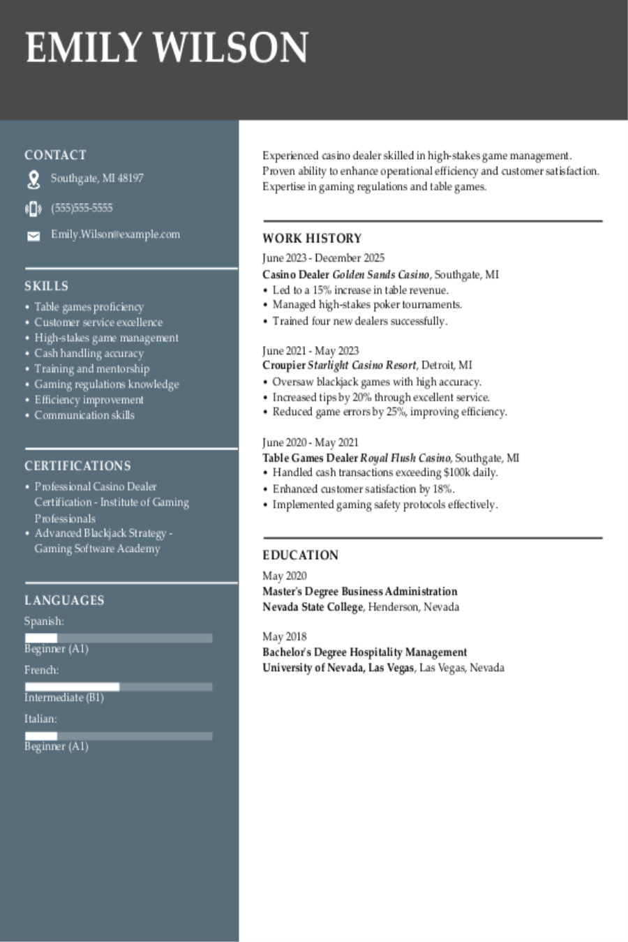 4 Casino Dealer Resume Examples, Templates, & Tips for 2025