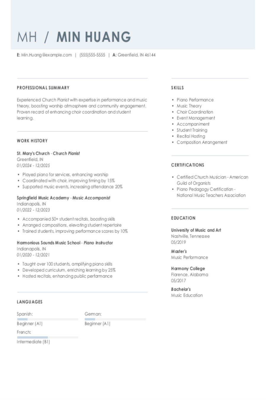 4 Church Pianist Resume Examples, Templates, & Tips for 2025