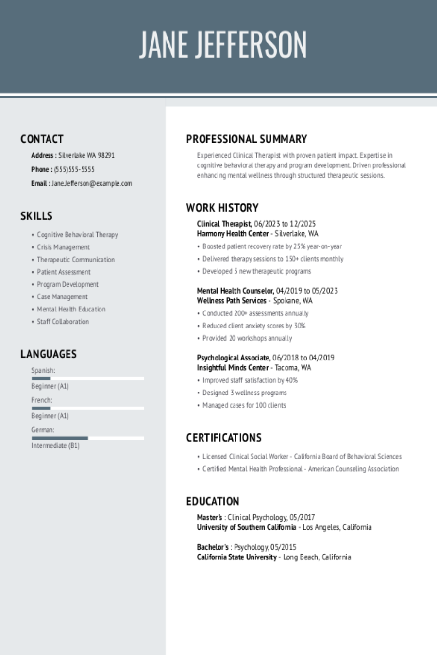 4 Clinical Therapist Resume Examples, Templates, & Tips for 2026