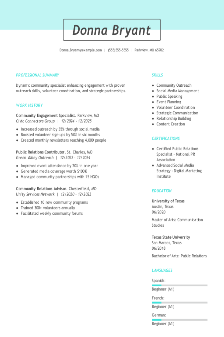 4 Community Engagement Specialist Resume Examples, Templates, & Tips ...