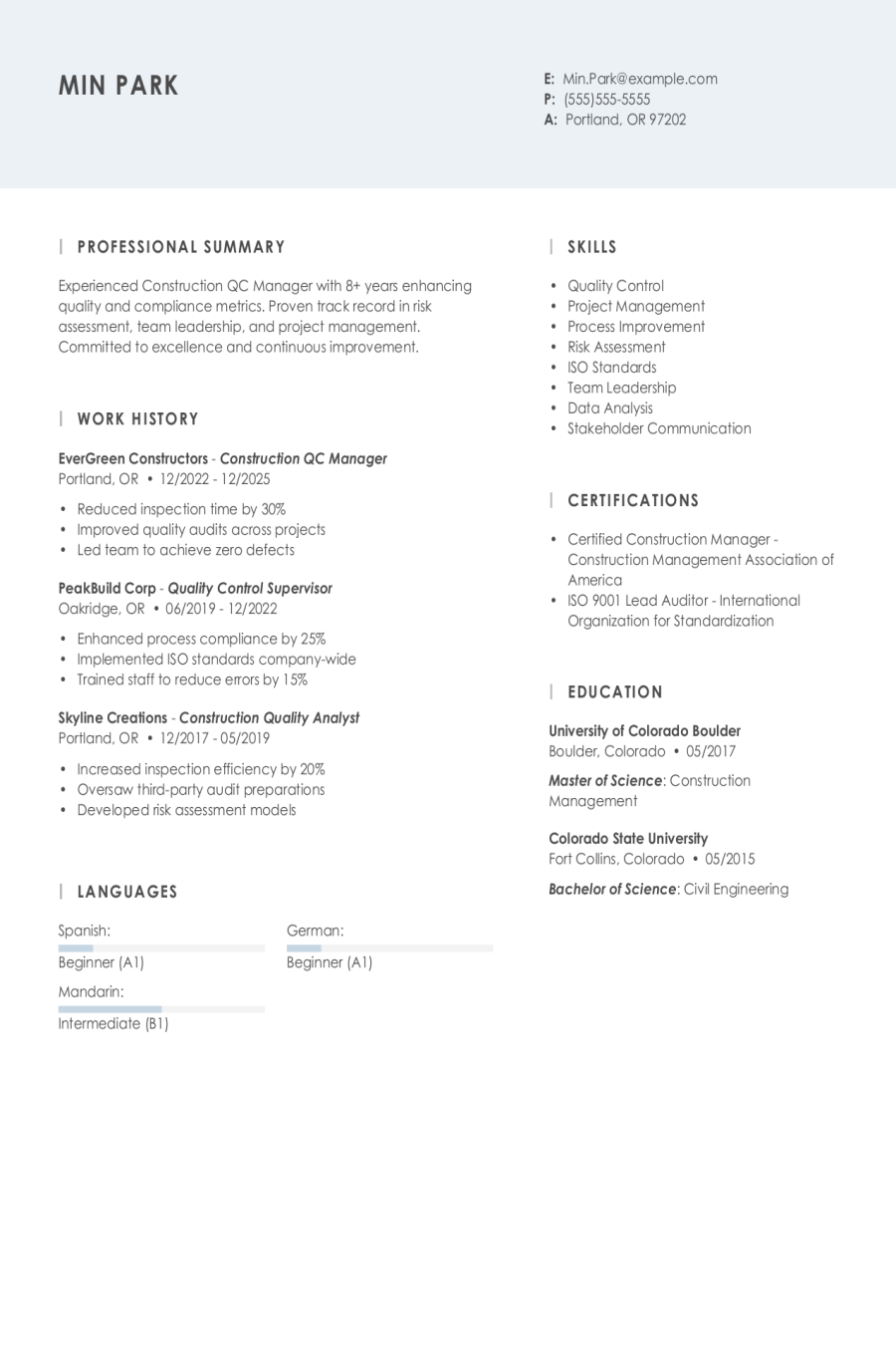4 Construction QC Manager Resume Examples, Templates, & Tips for 2026