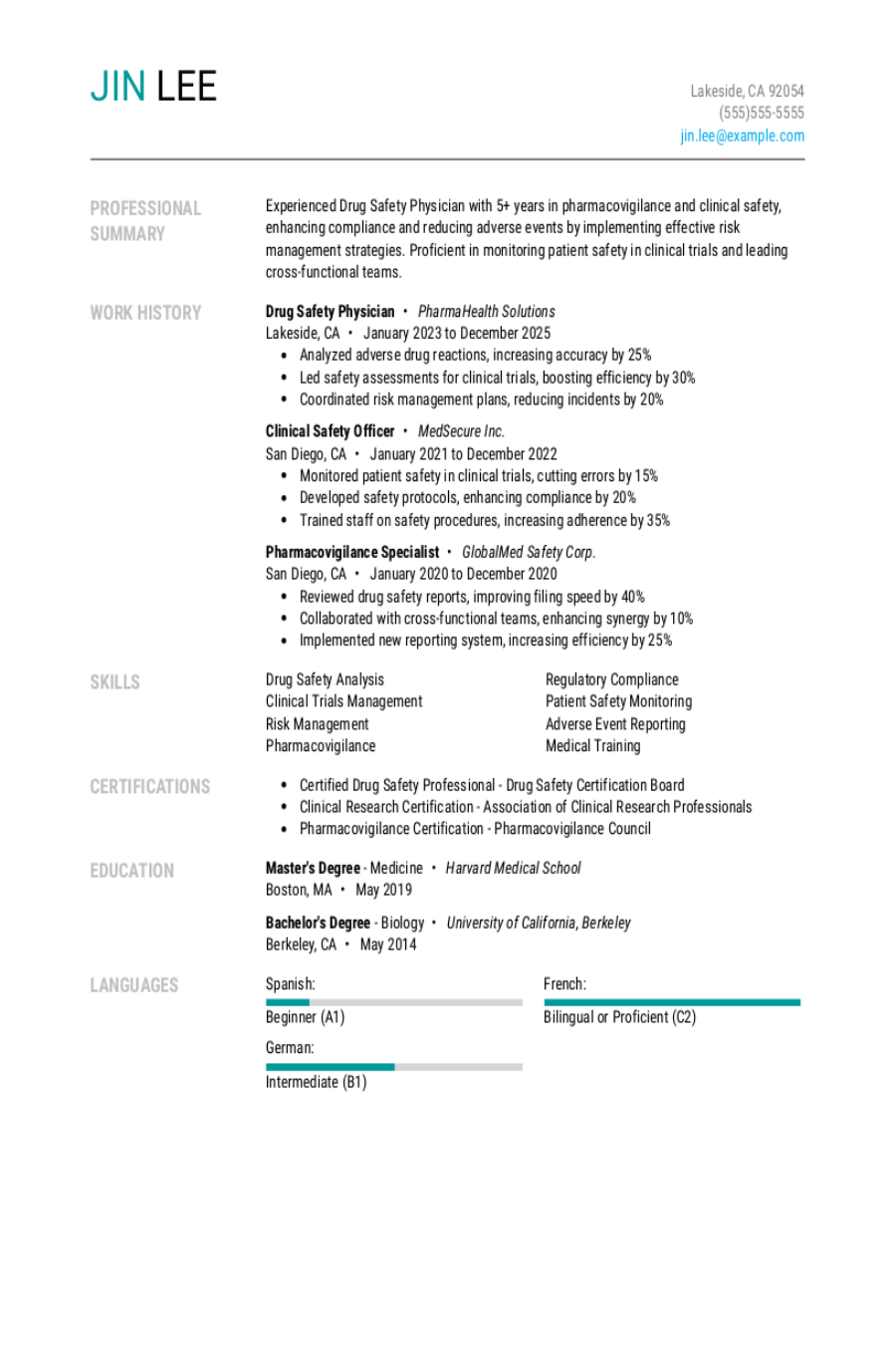 4 Drug Safety Physician Resume Examples, Templates, & Tips for 2026