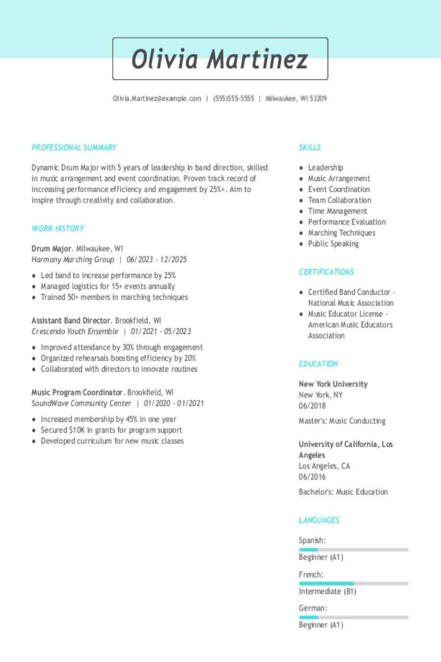 4 Drum Major Resume Examples, Templates, & Tips for 2026