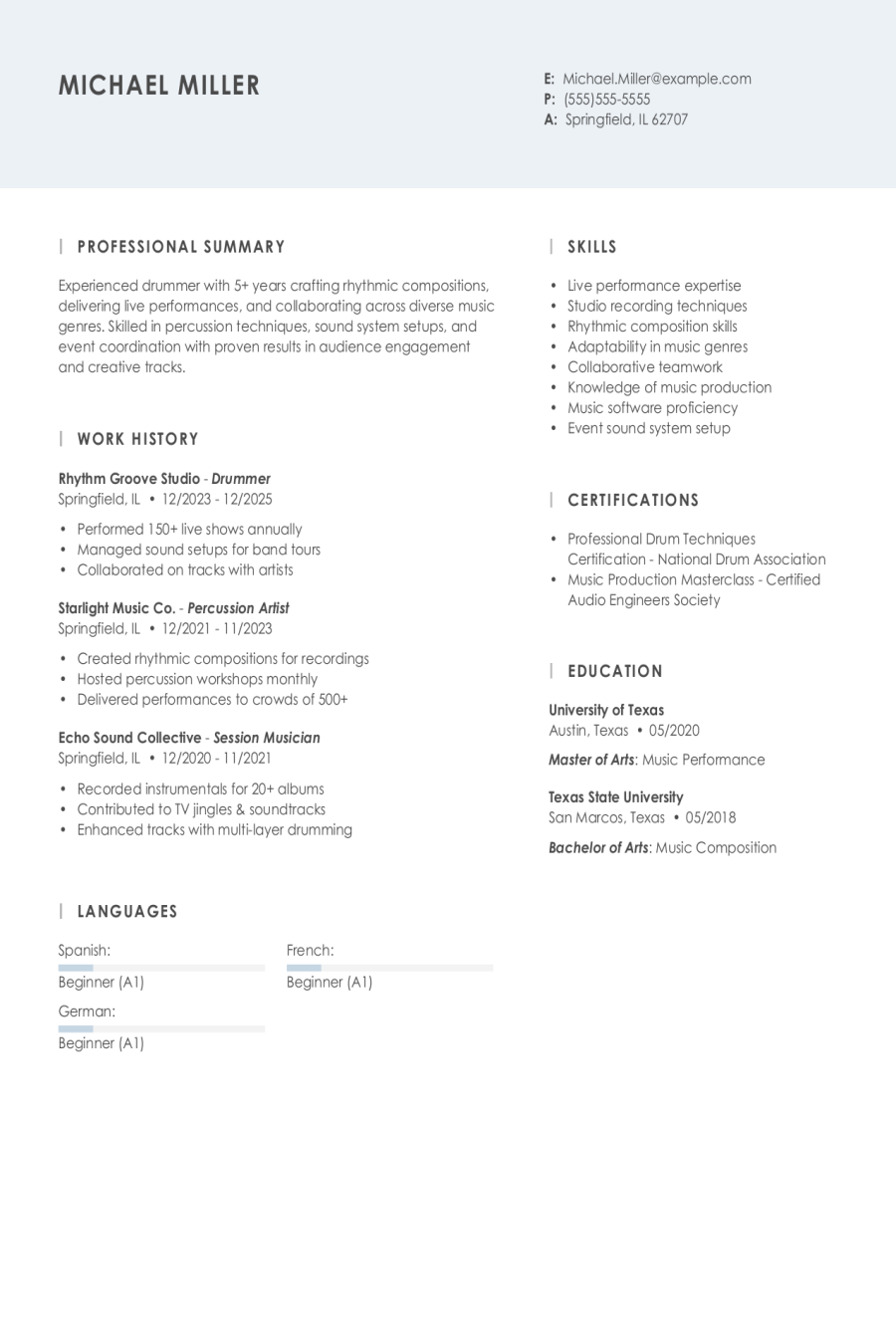 4 Drummer Resume Examples, Templates, & Tips for 2026