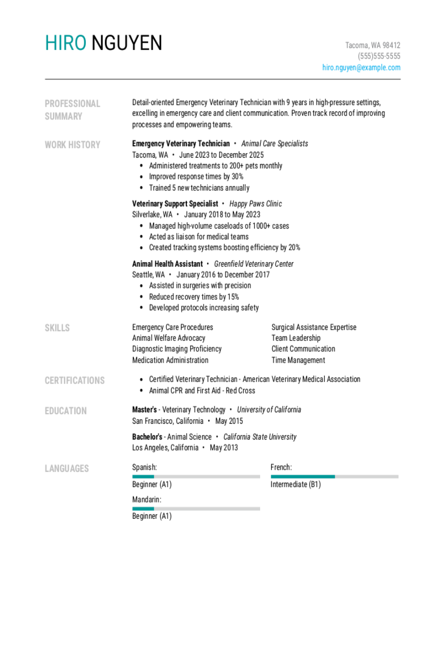 4 Emergency Veterinary Technician Resume Examples, Templates, & Tips ...
