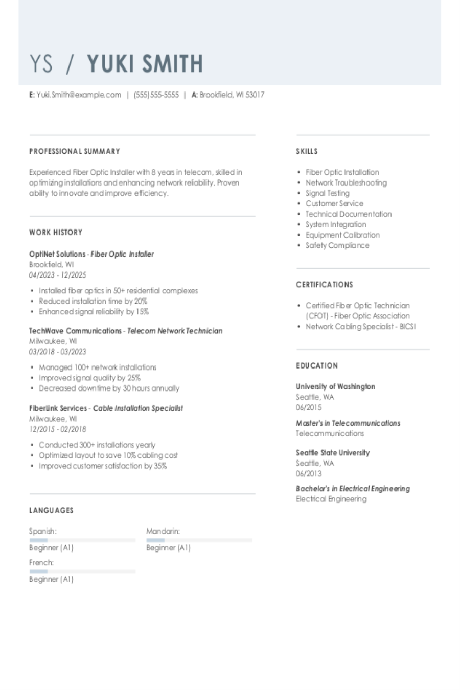 4 Fiber Optic Installer Resume Examples, Templates, & Tips for 2026