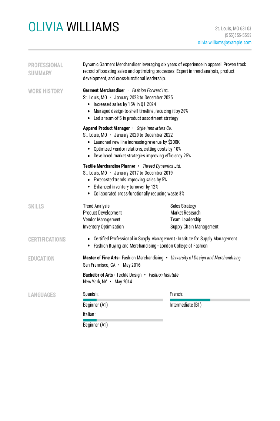 4 Garment Merchandiser Resume Examples, Templates, & Tips for 2026