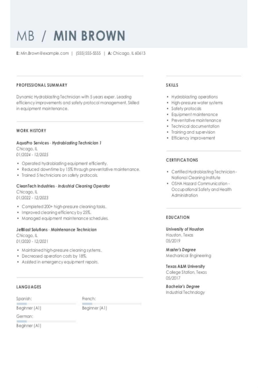 4 Hydroblasting Technician 1 Resume Examples, Templates, & Tips for 2025