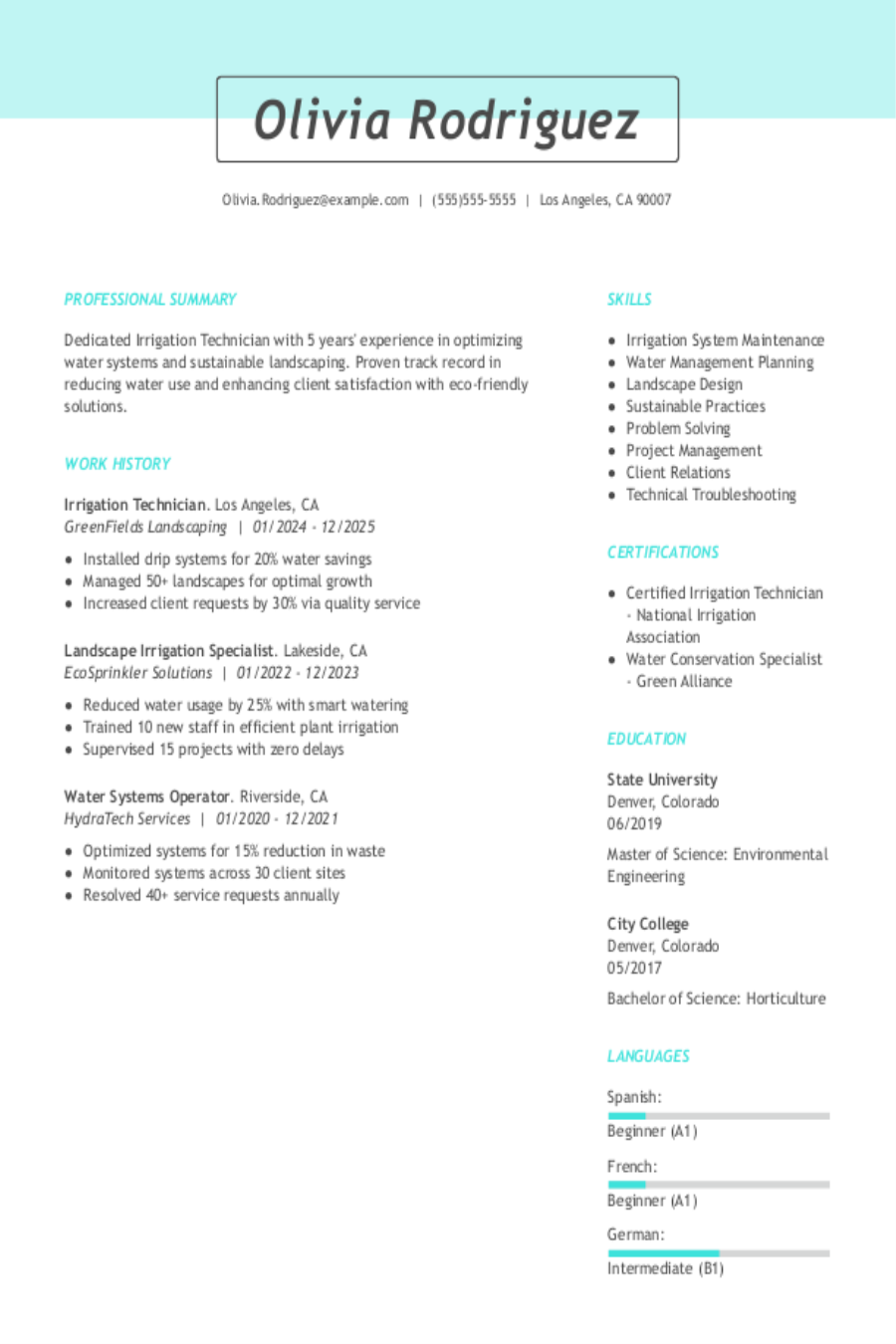 4 Irrigation Technician Resume Examples, Templates, & Tips for 2026