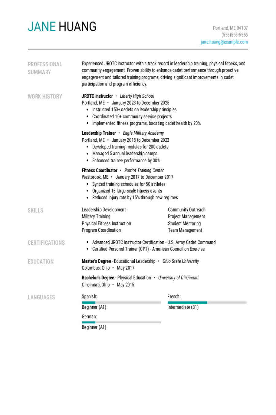 4 JROTC Instructor Resume Examples, Templates, & Tips for 2026