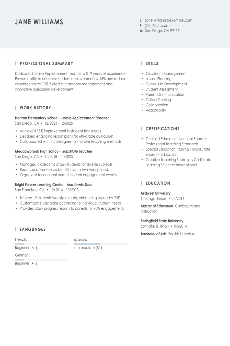 4 Leave Replacement Teacher Resume Examples, Templates, & Tips for 2026