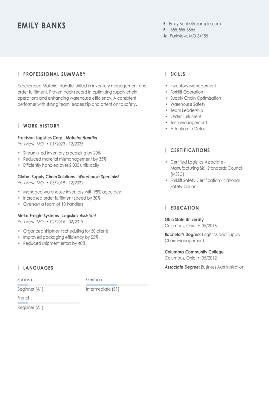 4 Material Handler Resume Examples, Templates, & Tips for 2026