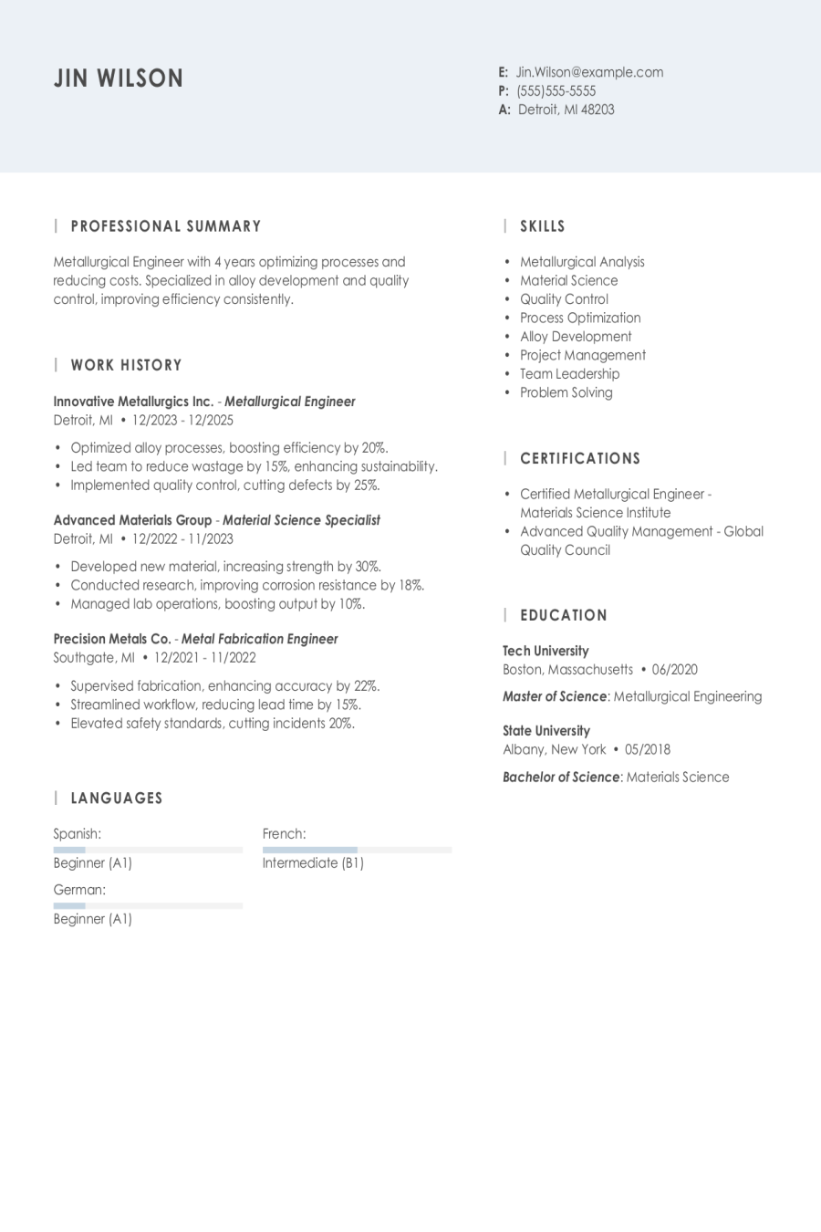 4 Metallurgical Engineer Resume Examples, Templates, & Tips for 2026