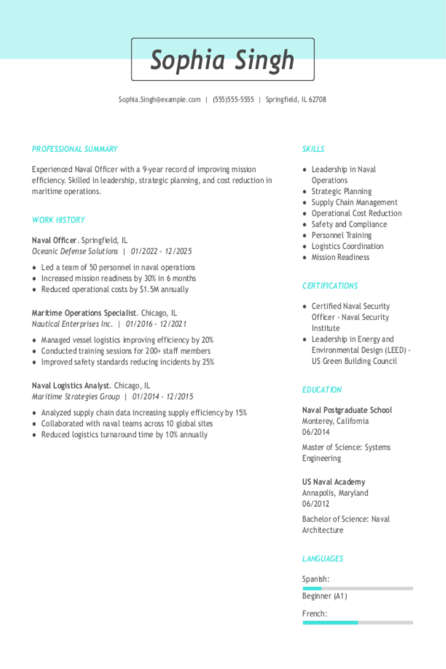 4 Naval Officer Resume Examples, Templates, & Tips for 2025