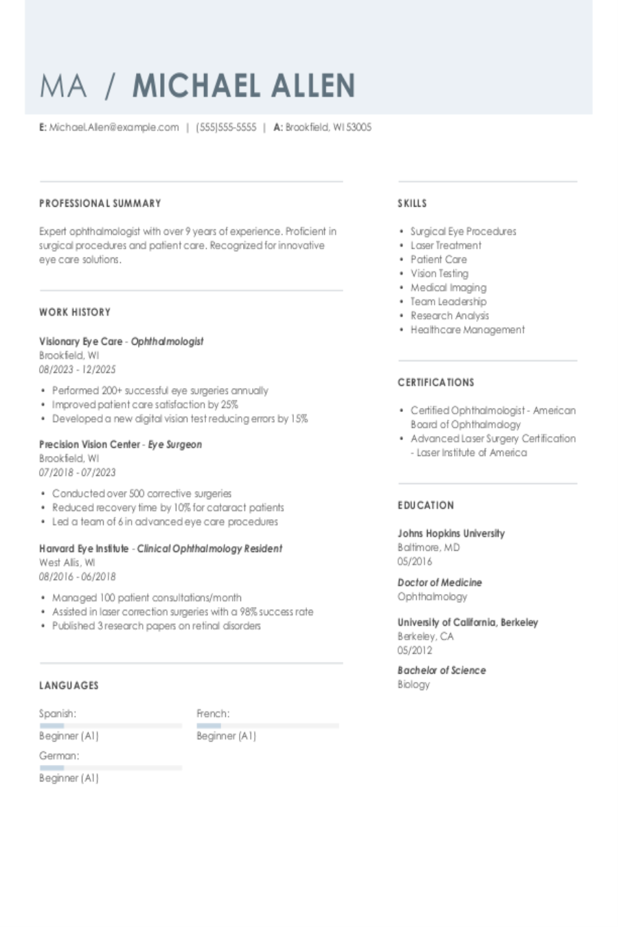 4 Ophthalmologist Resume Examples, Templates, & Tips for 2026