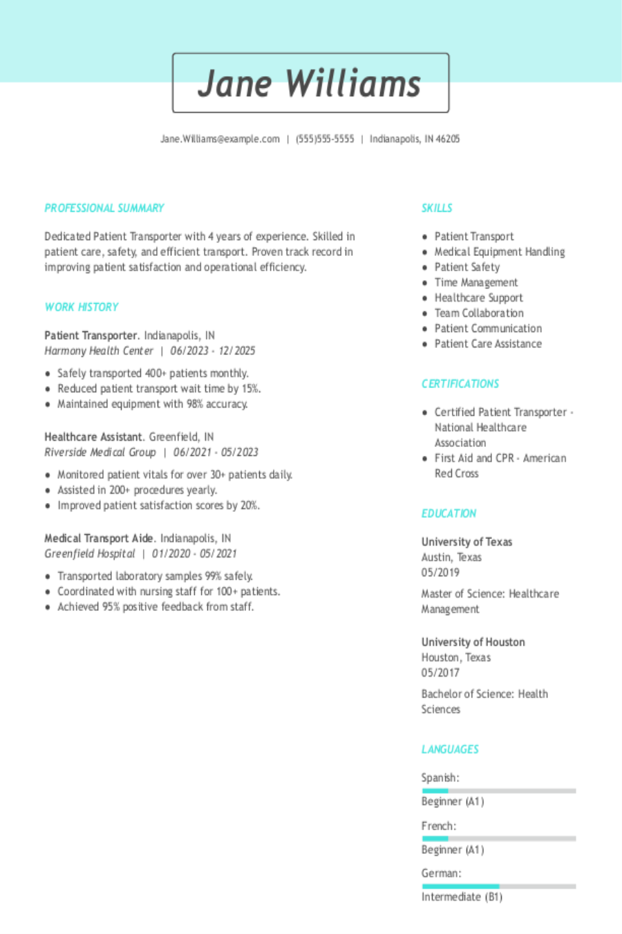 4 Patient Transporter Resume Examples, Templates, & Tips for 2026