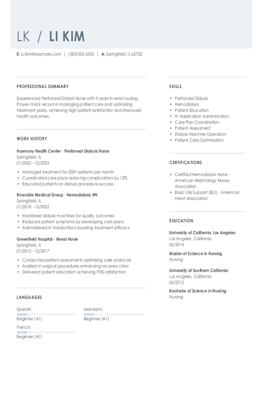 4 Peritoneal Dialysis Nurse Resume Examples, Templates, & Tips for 2025