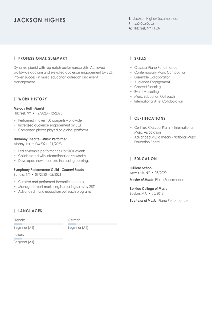 4 Pianist Resume Examples, Templates, & Tips for 2026
