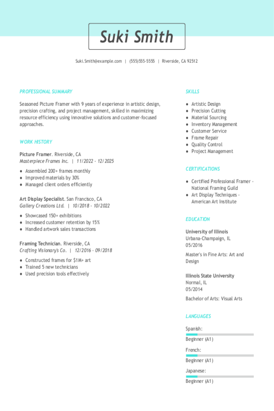 4 Picture Framer Resume Examples, Templates, & Tips for 2026