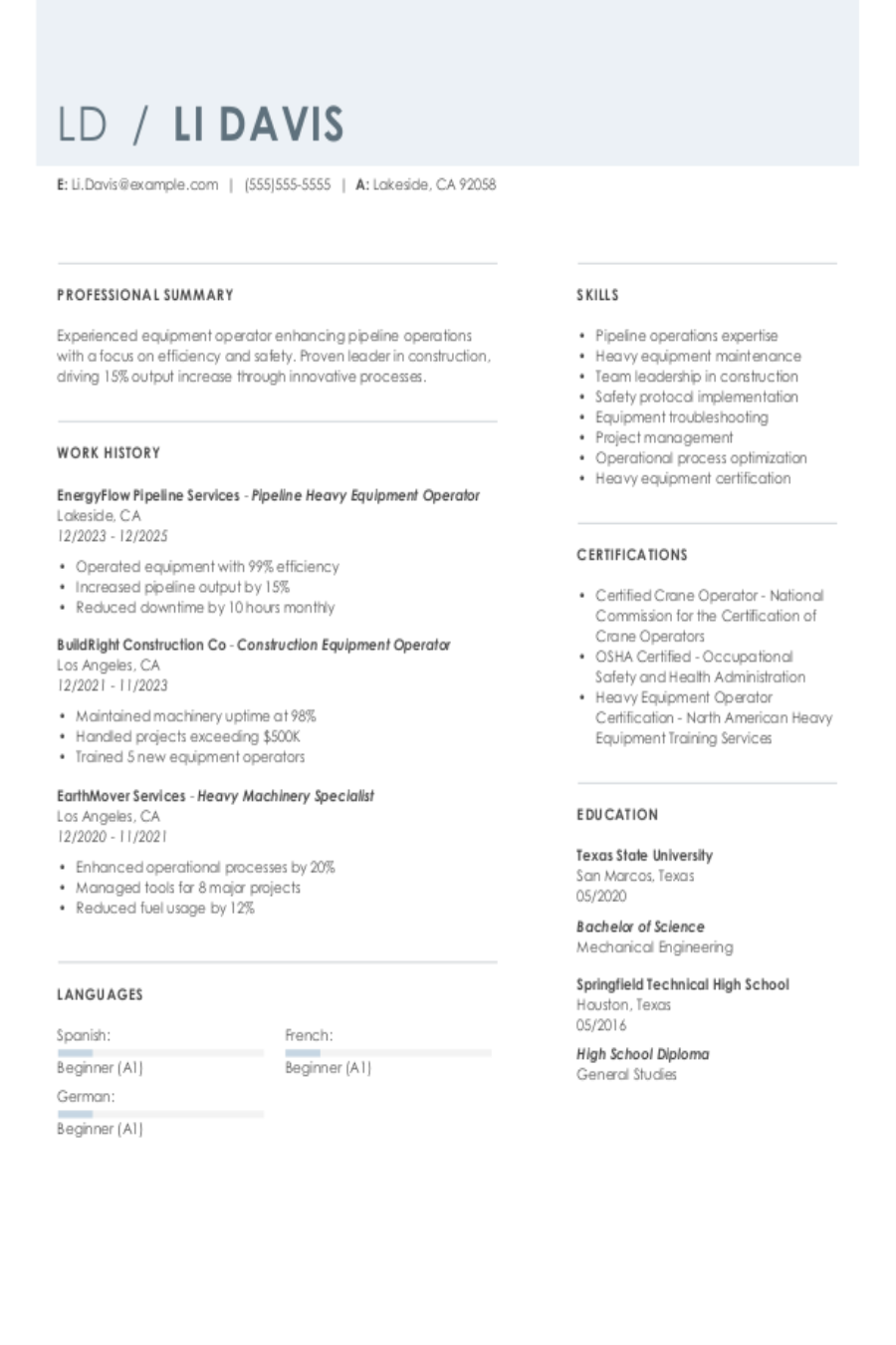 4 Pipeline Heavy Equipment Operator Resume Examples, Templates, & Tips ...