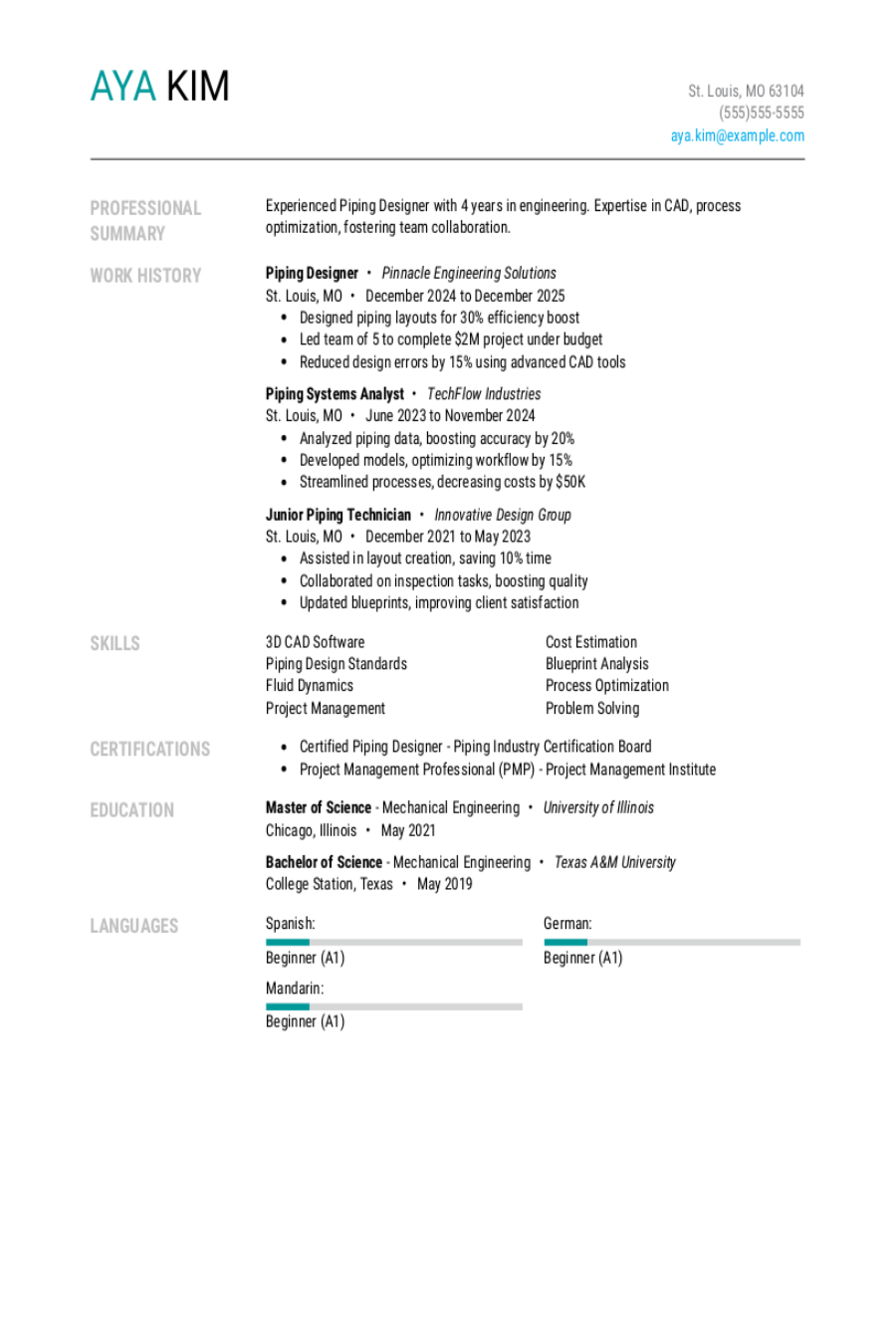 4 Piping Designer Resume Examples, Templates, & Tips for 2026