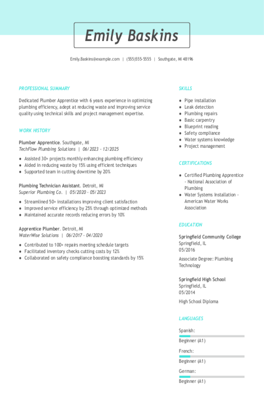 4 Plumber Apprentice Resume Examples, Templates, & Tips for 2025