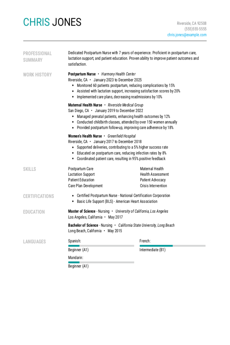 4 Postpartum Nurse Resume Examples, Templates, & Tips for 2026