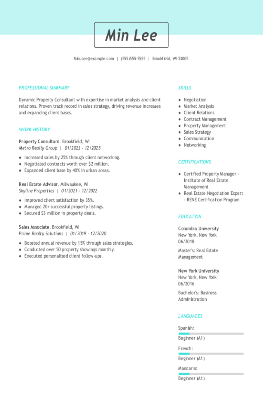 4 Property Consultant Resume Examples, Templates, & Tips for 2025