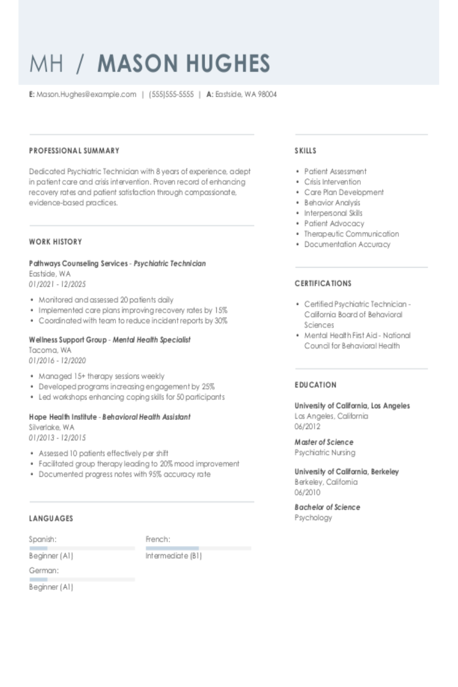4 Psychiatric Technician Resume Examples, Templates, & Tips for 2025