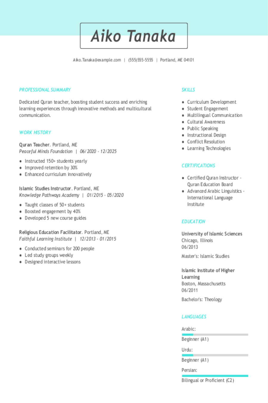 4 Quran Teacher Resume Examples, Templates, & Tips for 2026