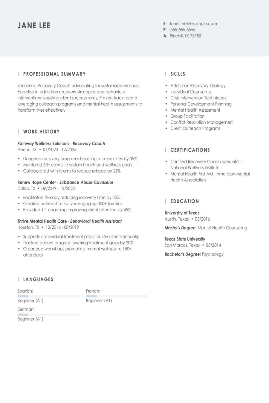 4 Recovery Coach Resume Examples, Templates, & Tips for 2026