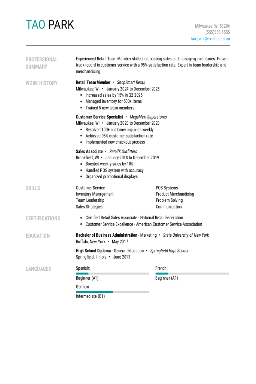 4 Retail Team Member Resume Examples, Templates, & Tips for 2025