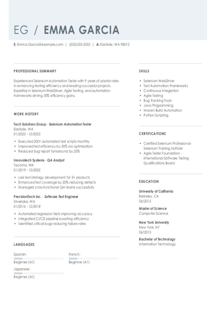 4 Selenium Automation Tester Resume Examples, Templates, & Tips for 2026