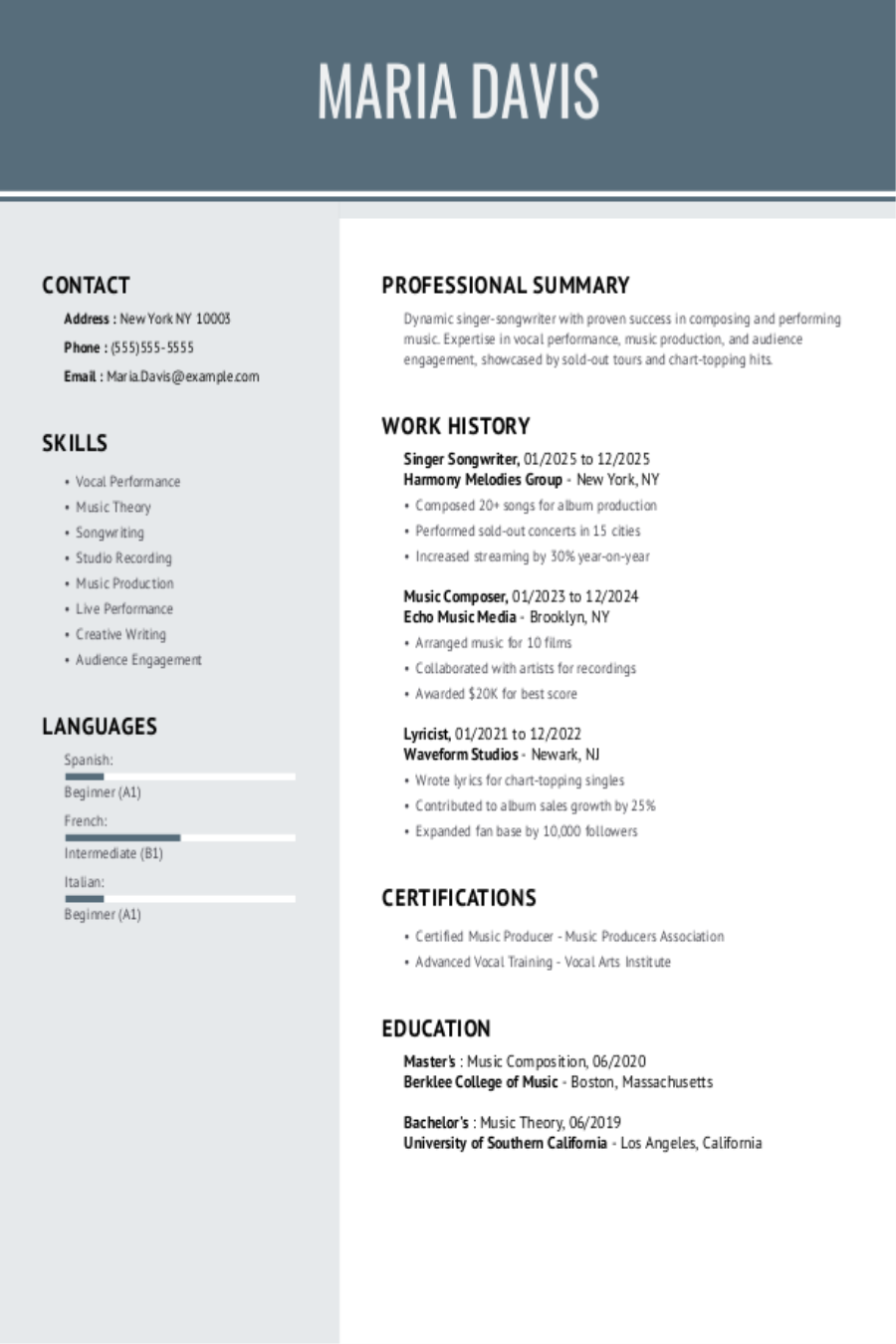 4 Singer Songwriter Resume Examples, Templates, & Tips for 2025