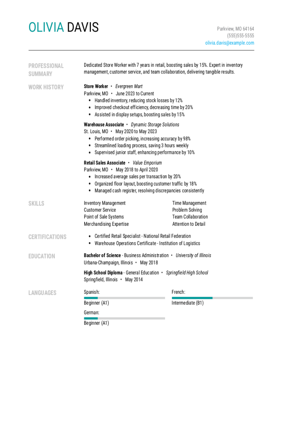 4 Store Worker Resume Examples, Templates, & Tips for 2025