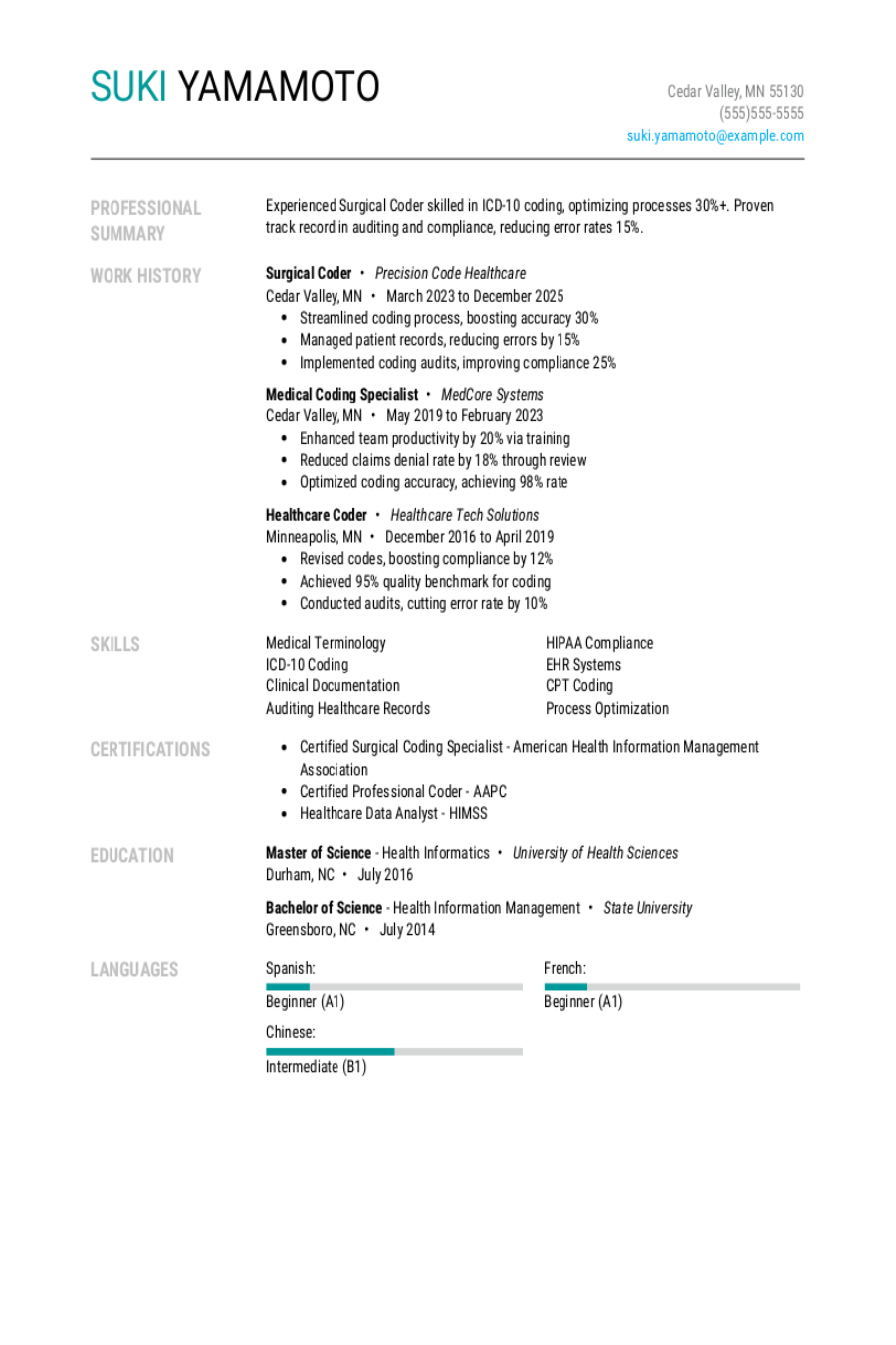 4 Surgical Coder Resume Examples, Templates, & Tips for 2025