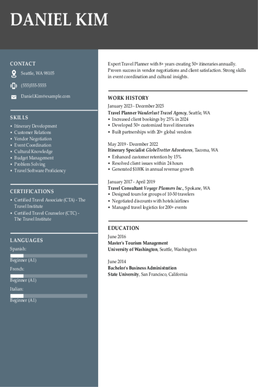 4 Travel Planner Resume Examples, Templates, & Tips for 2026