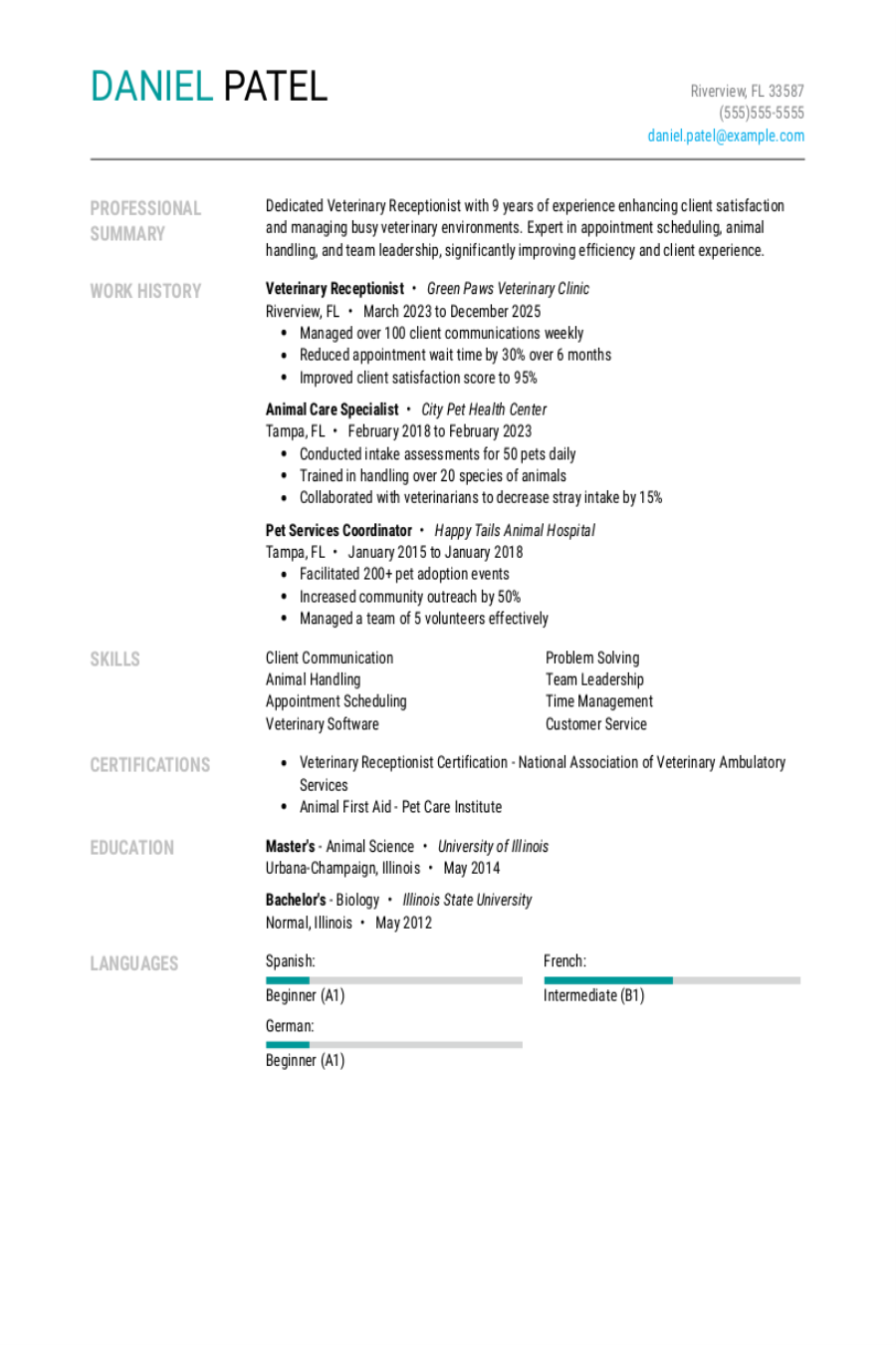 4 Veterinary Receptionist Resume Examples, Templates, & Tips for 2026