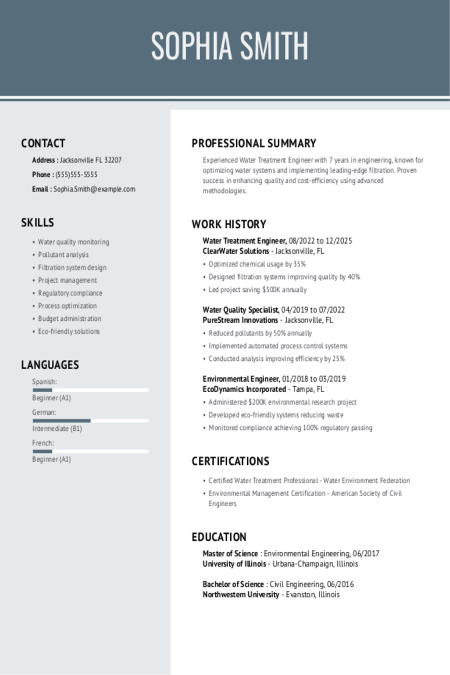 4 Water Treatment Engineer Resume Examples, Templates, & Tips for 2026