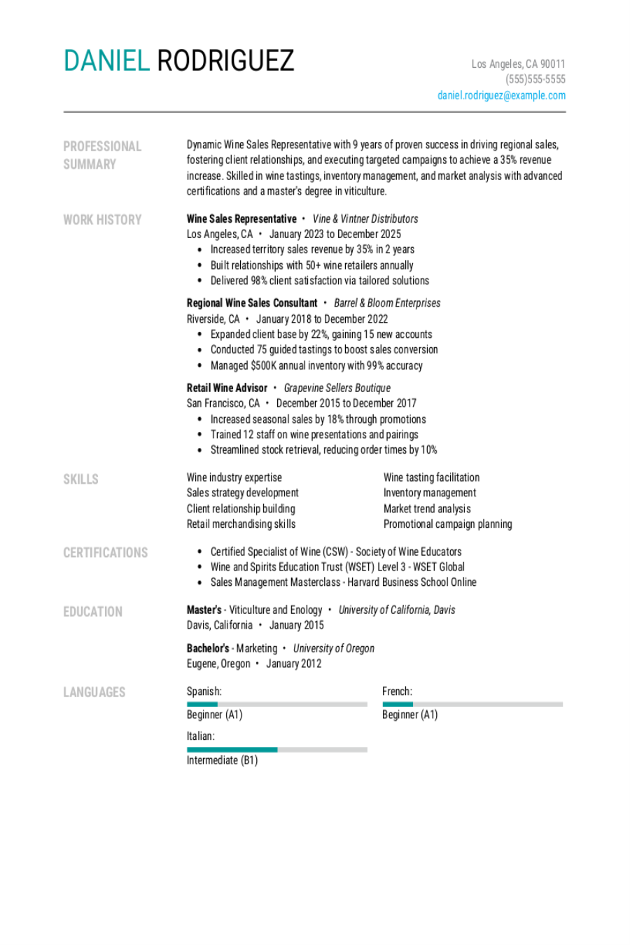 4 Wine Sales Representative Resume Examples, Templates, & Tips for 2026