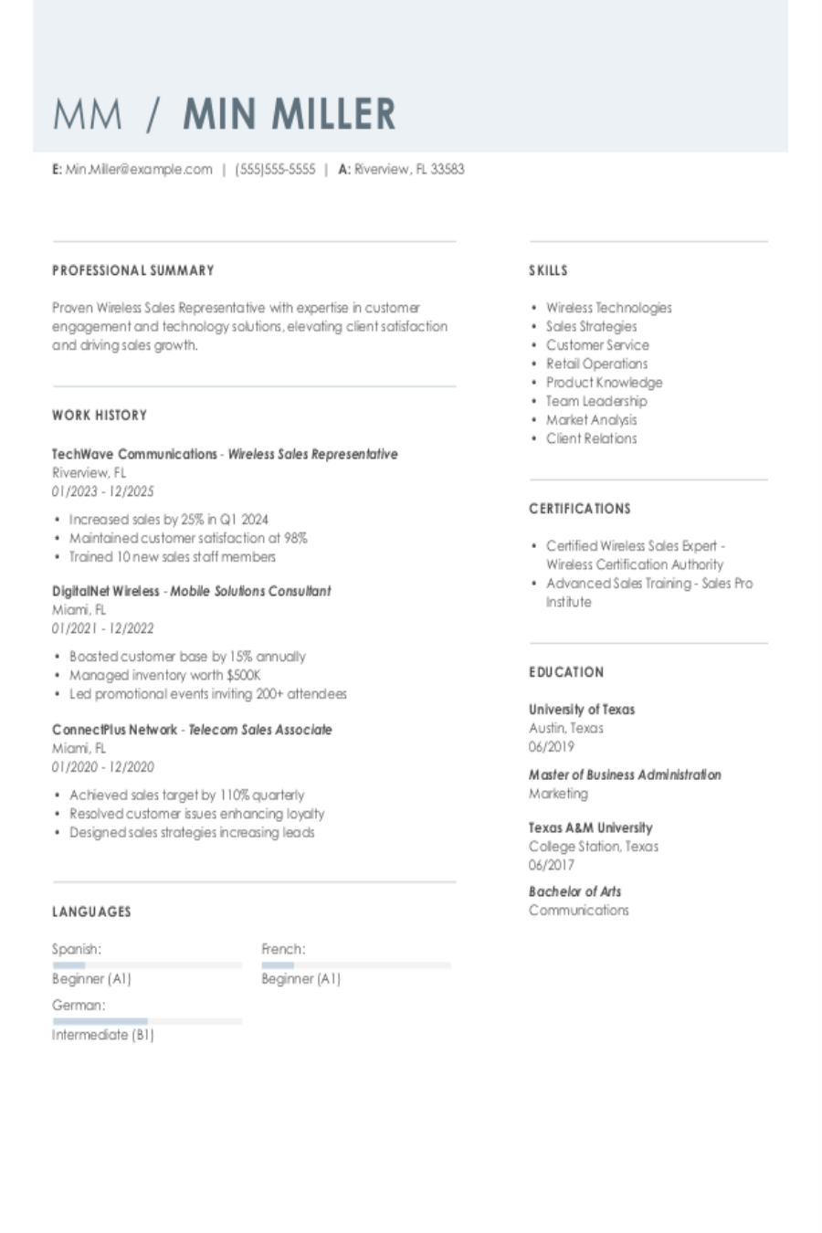 4 Wireless Sales Representative Resume Examples, Templates, & Tips for 2025
